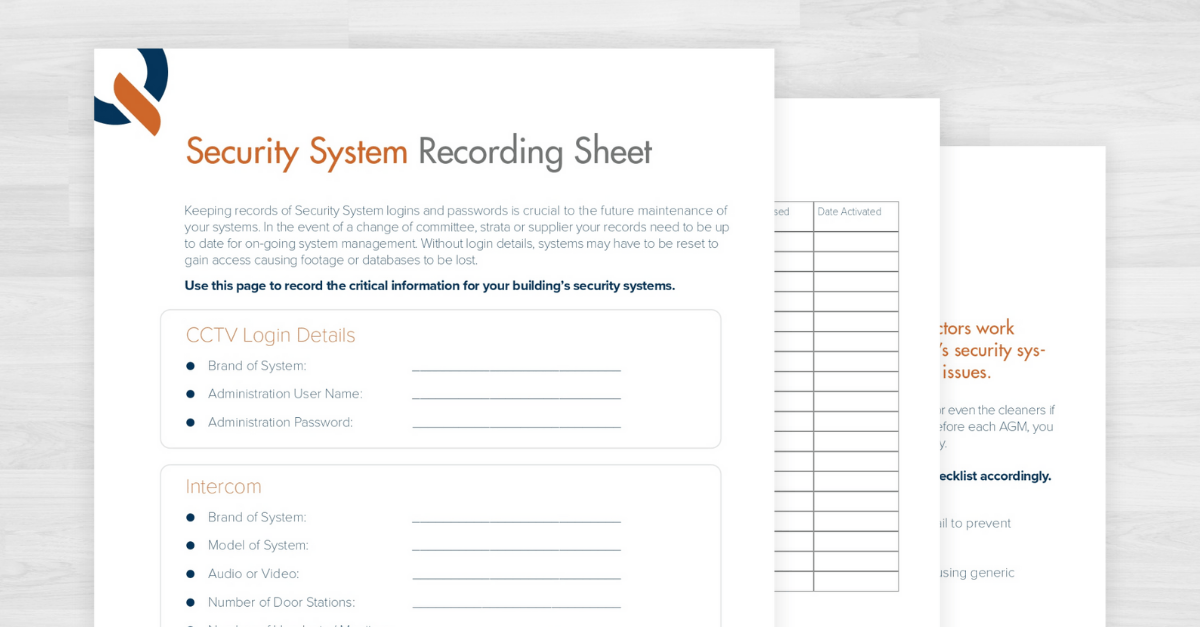 Security System Recording Sheet and Strata Building Security Checklist